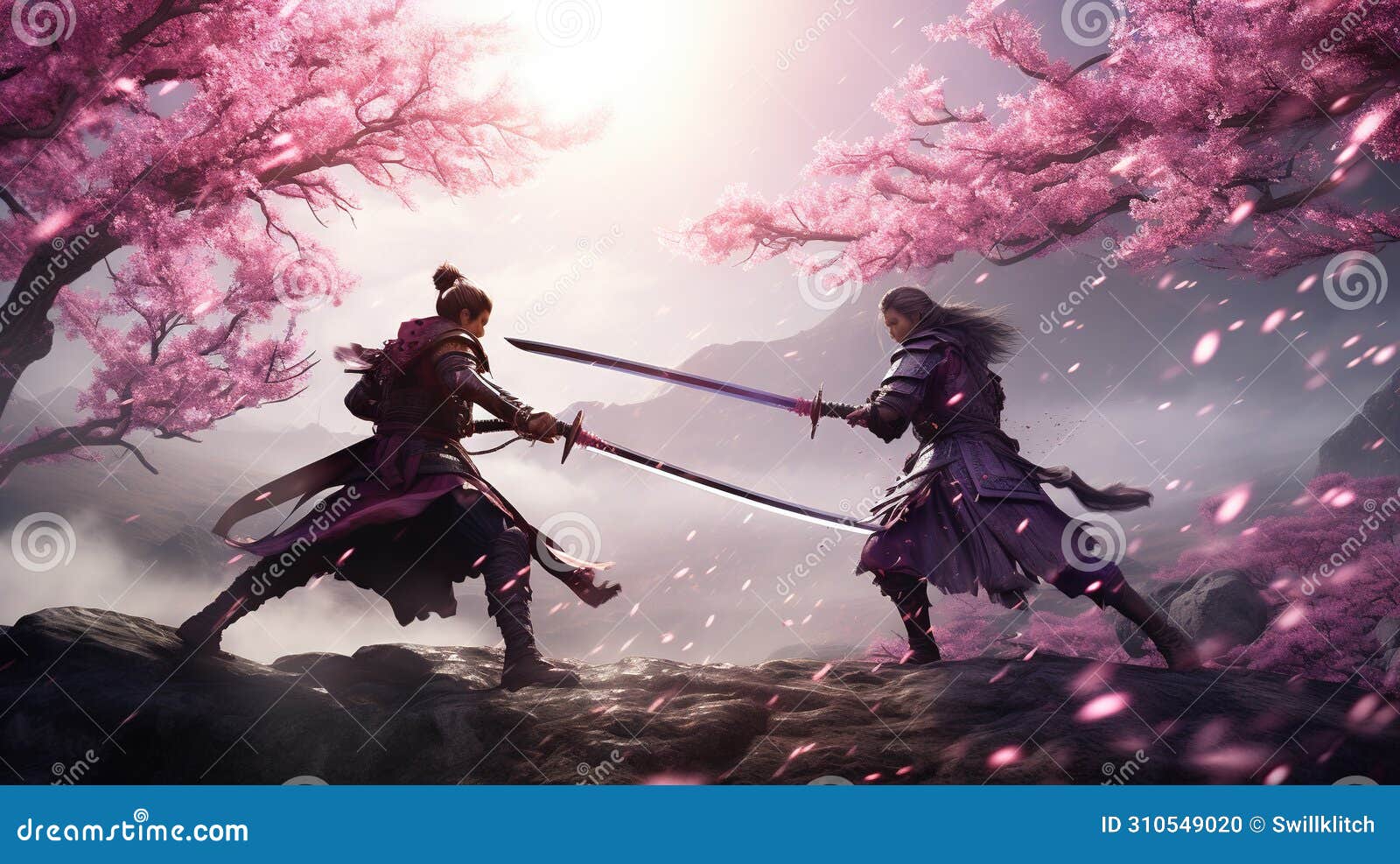 Duel of Samurai Warriors with Swords in the Garden of Sakura Blossom ...