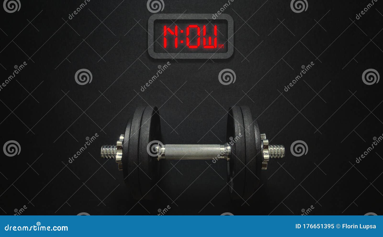 Flat Lay of Dumbbell with Digital Clock Now it`s the Time for Workout ...