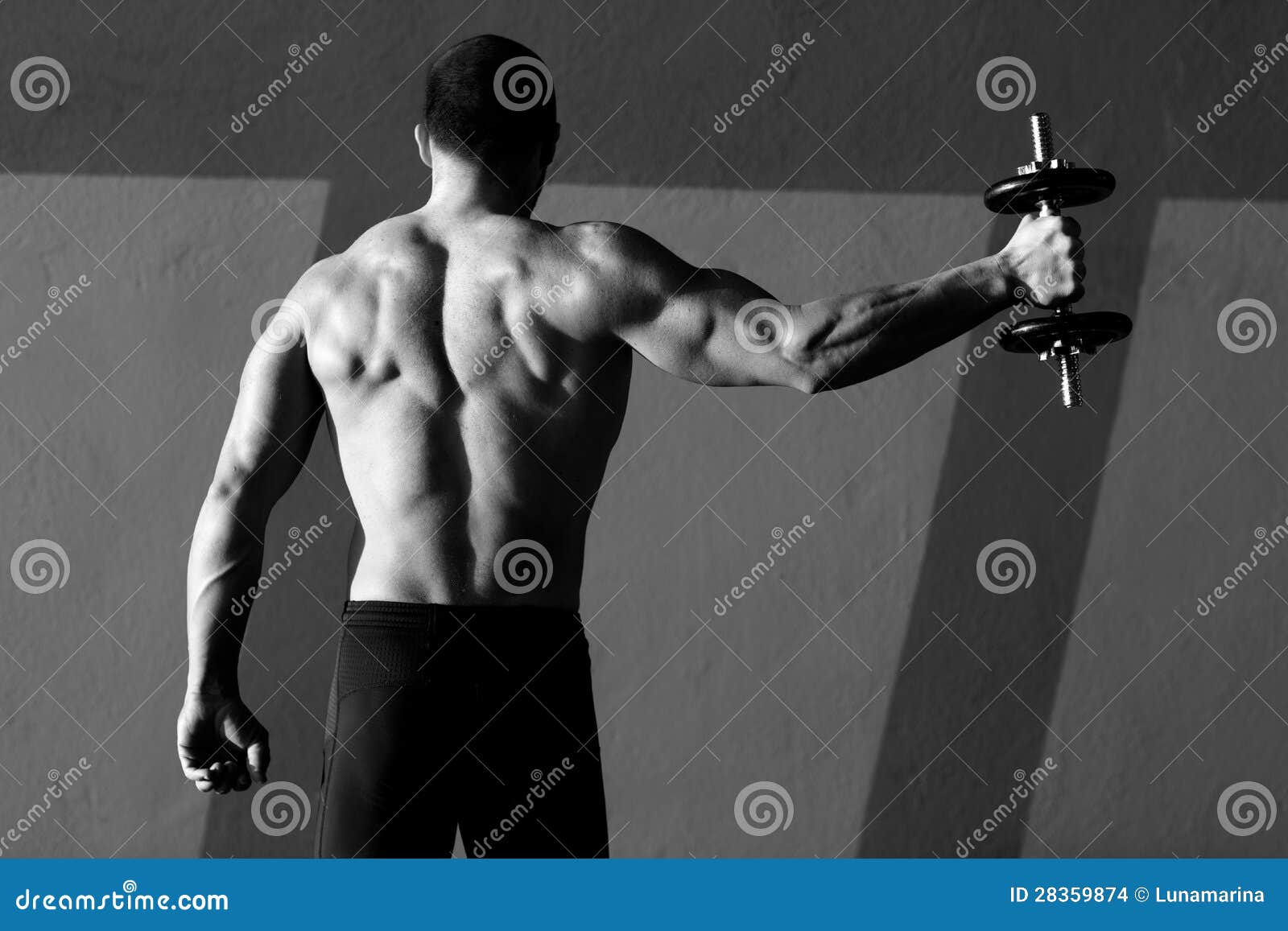Dumbbell Man Rear View with Back Muscles Stock Photo - Image of adult ...
