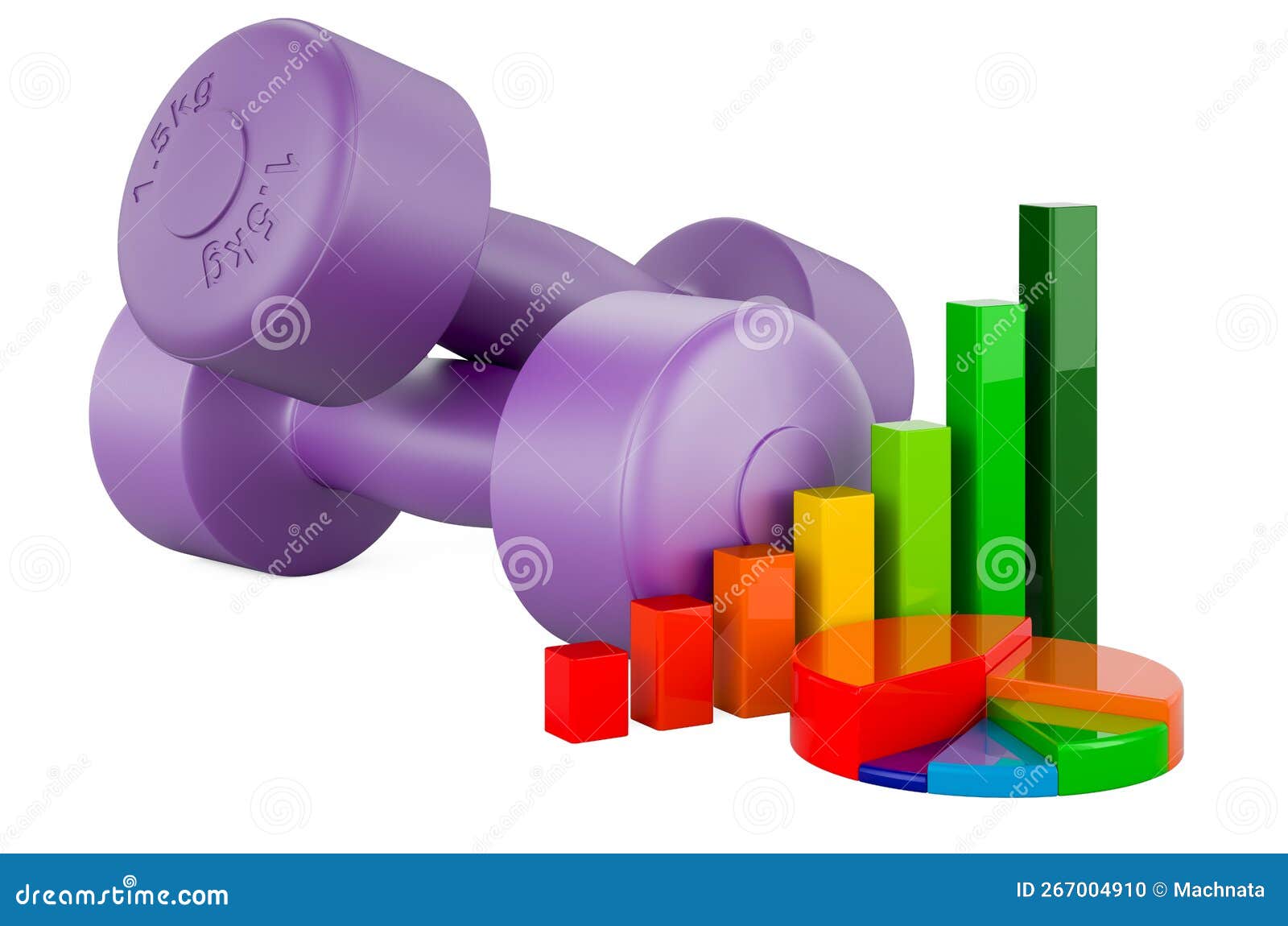 Dumbbells for Strength Training with Growth Bar Graph and Pie Chart. 3D ...