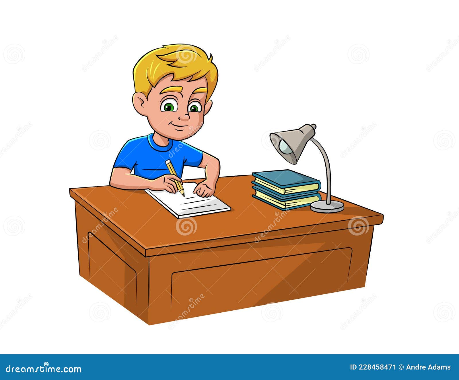 Boy doing homework at desk stock vector. Illustration of white - 228458471