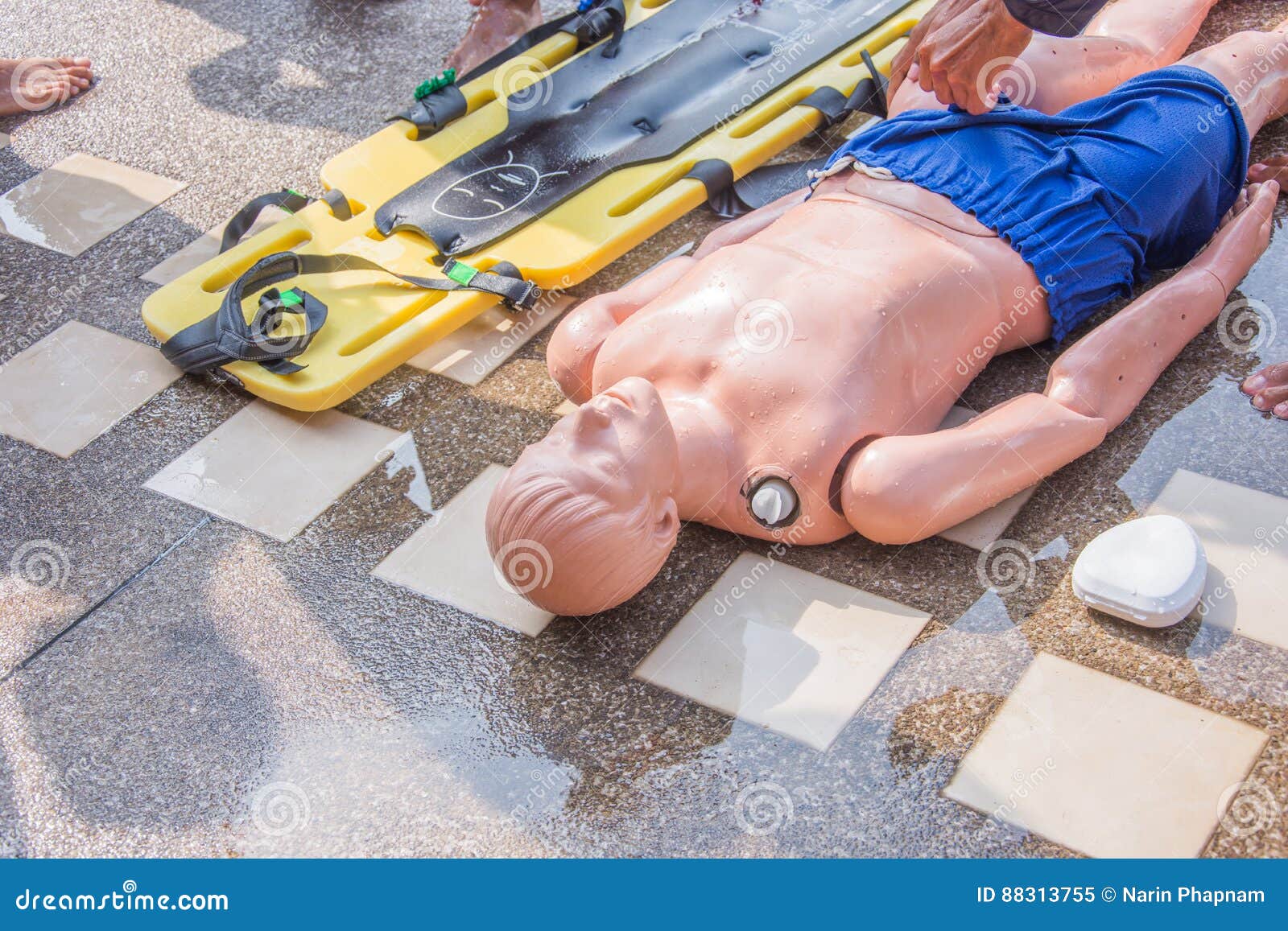 Dummy Drowning Training Long Spinal Board and Pocket Mask Stock Image ...