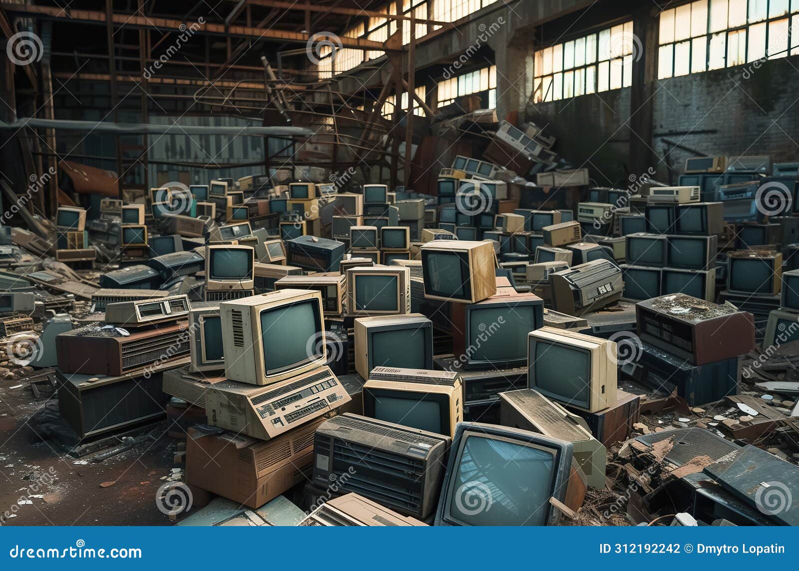 Dump of Old Broken Obsolete Computer with Displays or Tv, Pile of Junk ...