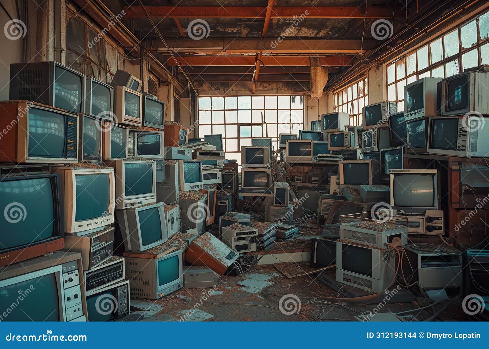 Dump of Old Broken Obsolete Computer with Displays or Tv, Pile of Junk ...