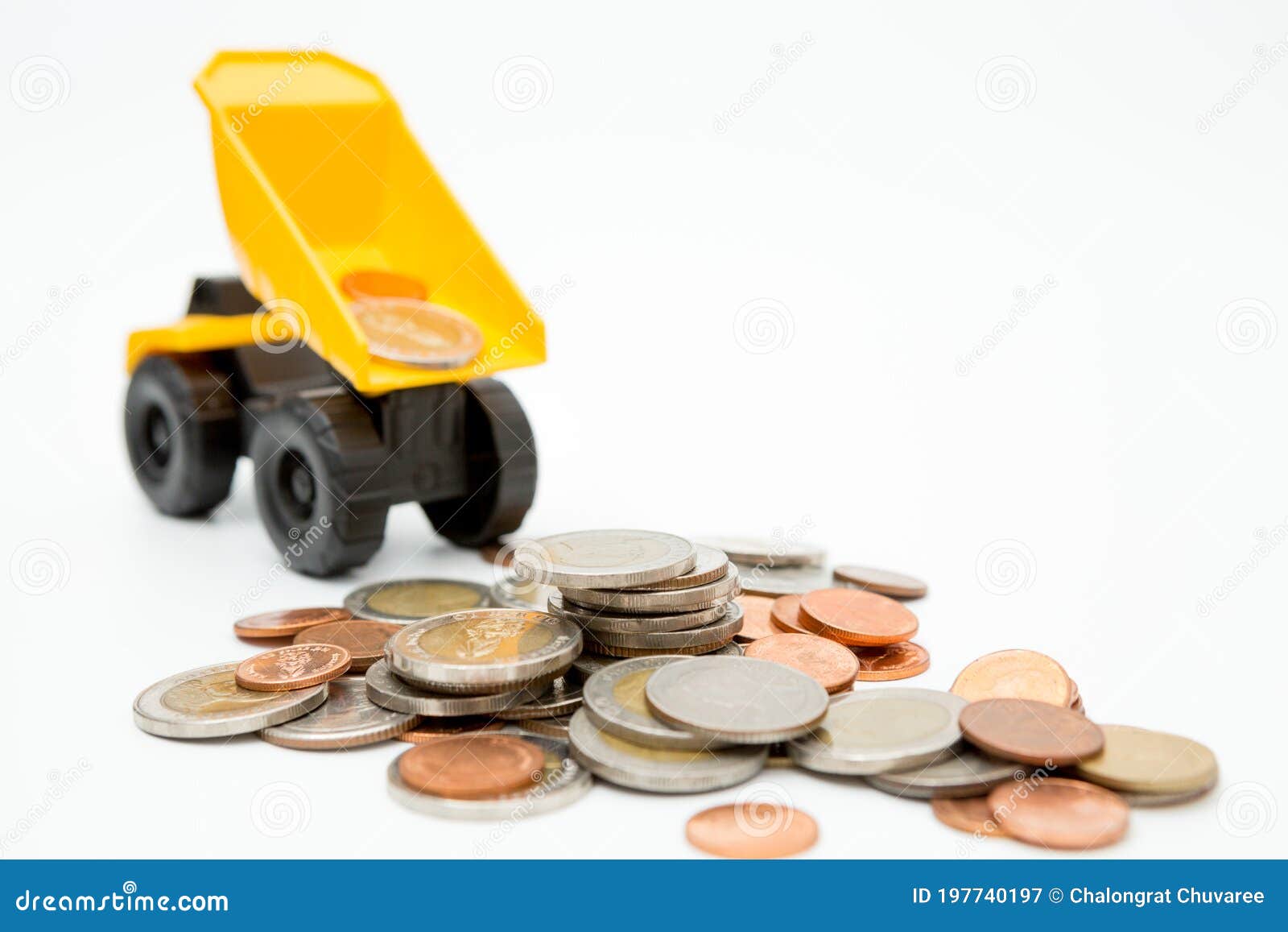 Dump Truck, Coins Stack on White Background for Money Saving Concept ...