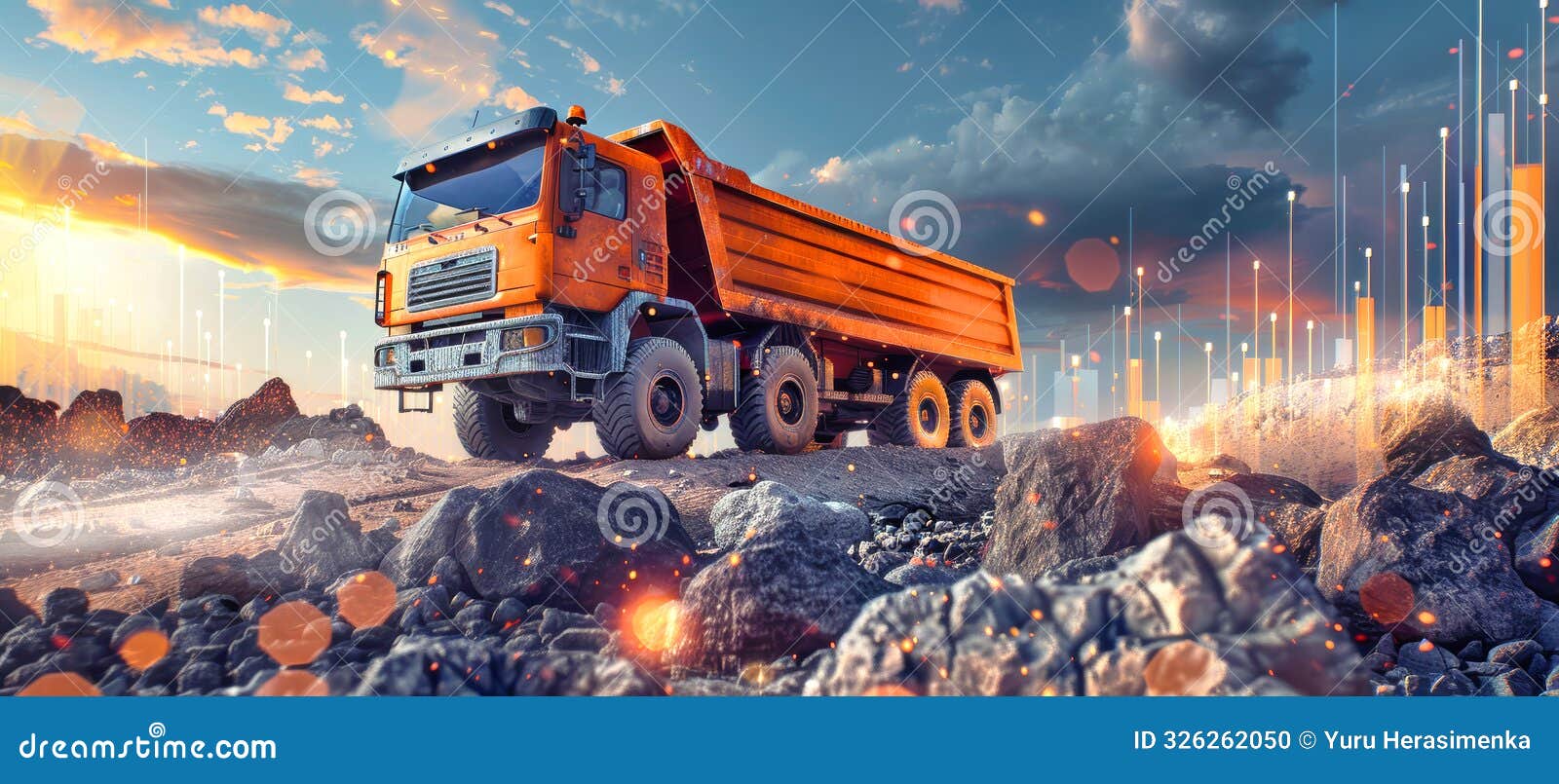 A Dump Truck Traverses a Rocky Landscape with a Futuristic Data ...