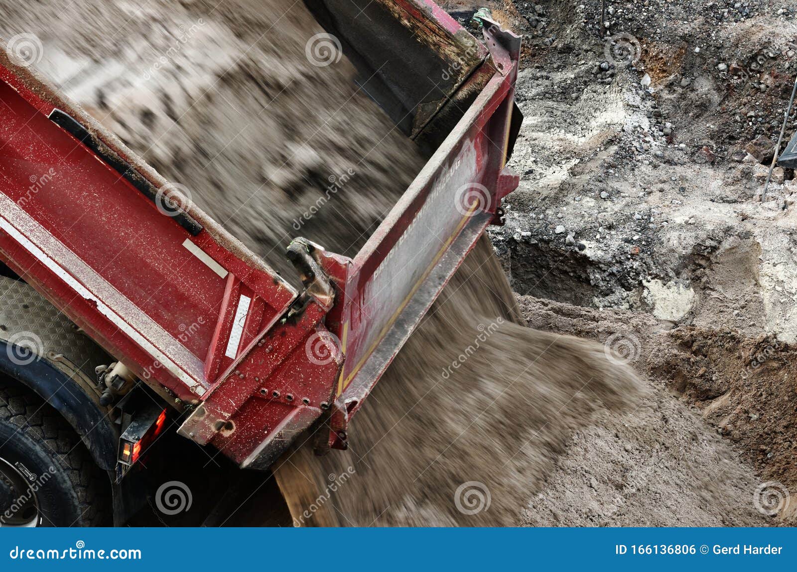 Dump truck unloading sand stock photo. Image of road - 166136806