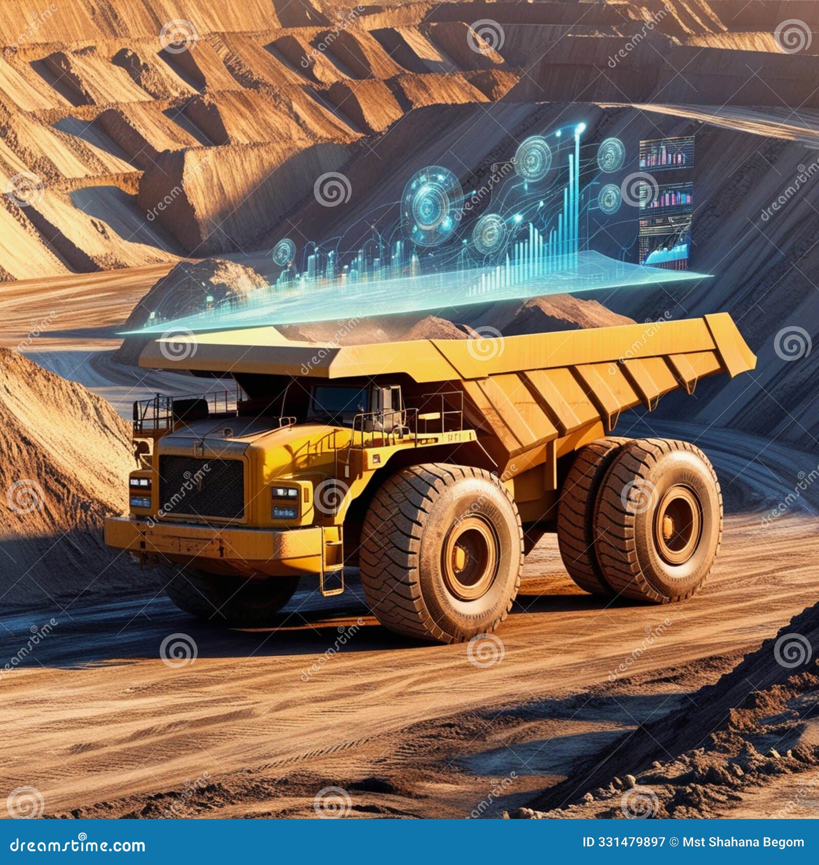 A Dump Truck is Working in a Mine, with a Digital Twin Overlay Showing ...