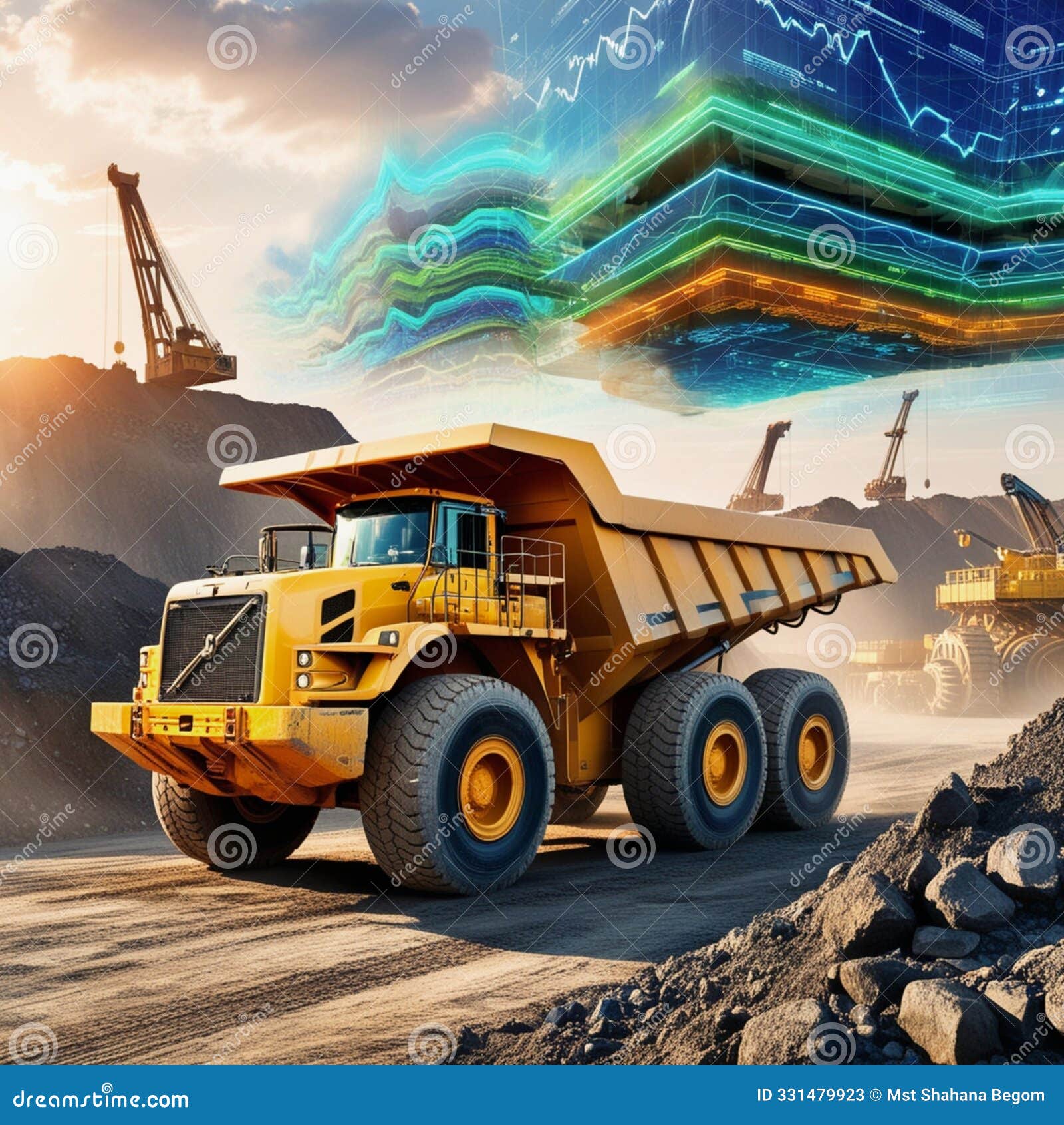 A Dump Truck is Working in a Mine, with a Digital Twin Overlay Showing ...