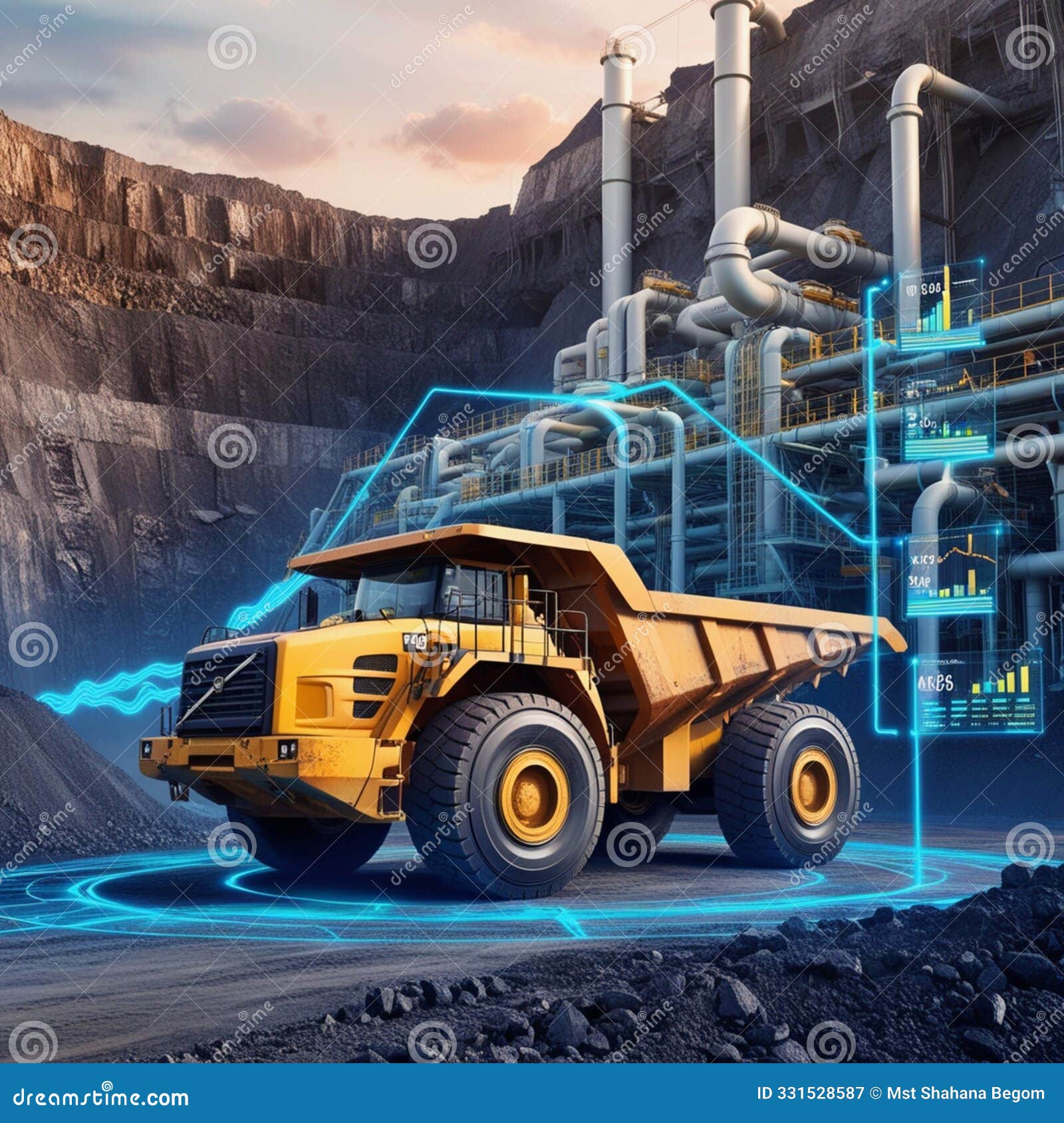 A Dump Truck is Working in a Mine, with a Digital Twin Overlay Showing ...