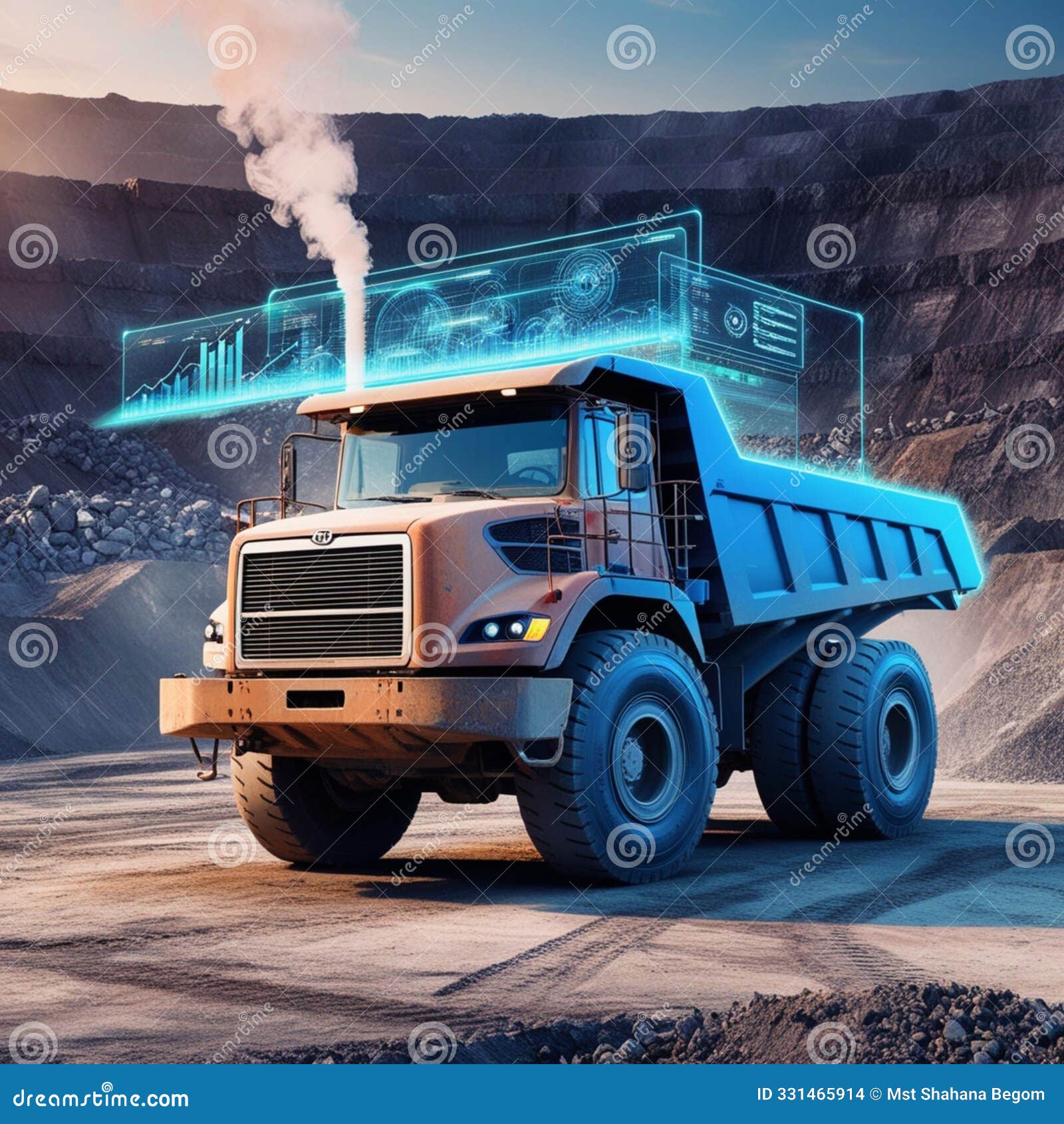 A Dump Truck is Working in a Mine, with a Digital Twin Overlay Showing ...