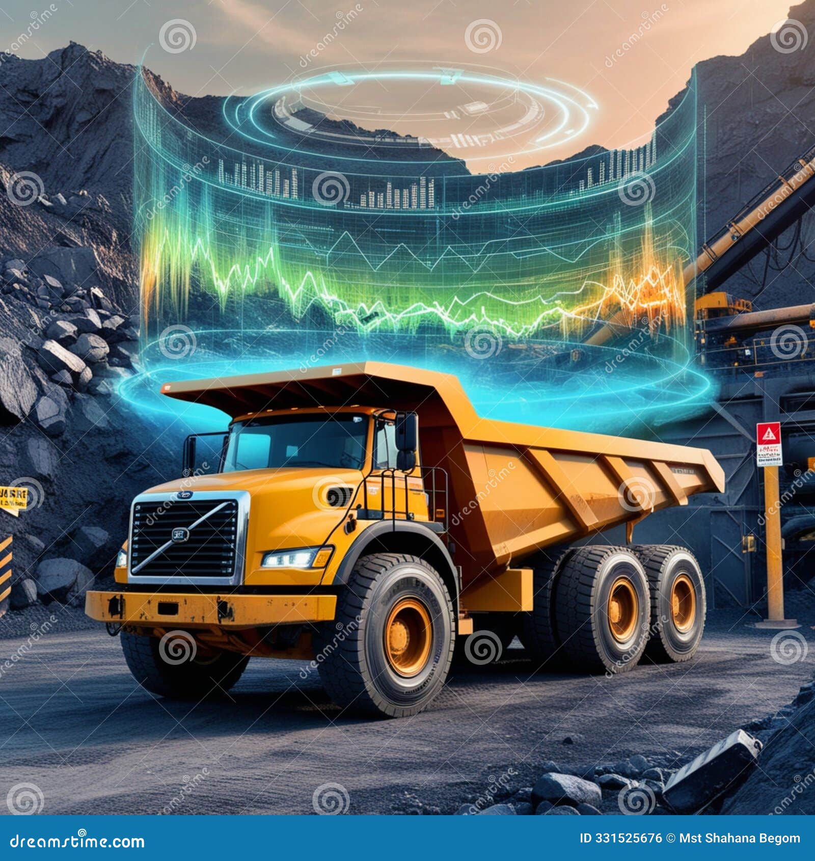 A Dump Truck is Working in a Mine, with a Digital Twin Overlay Showing ...