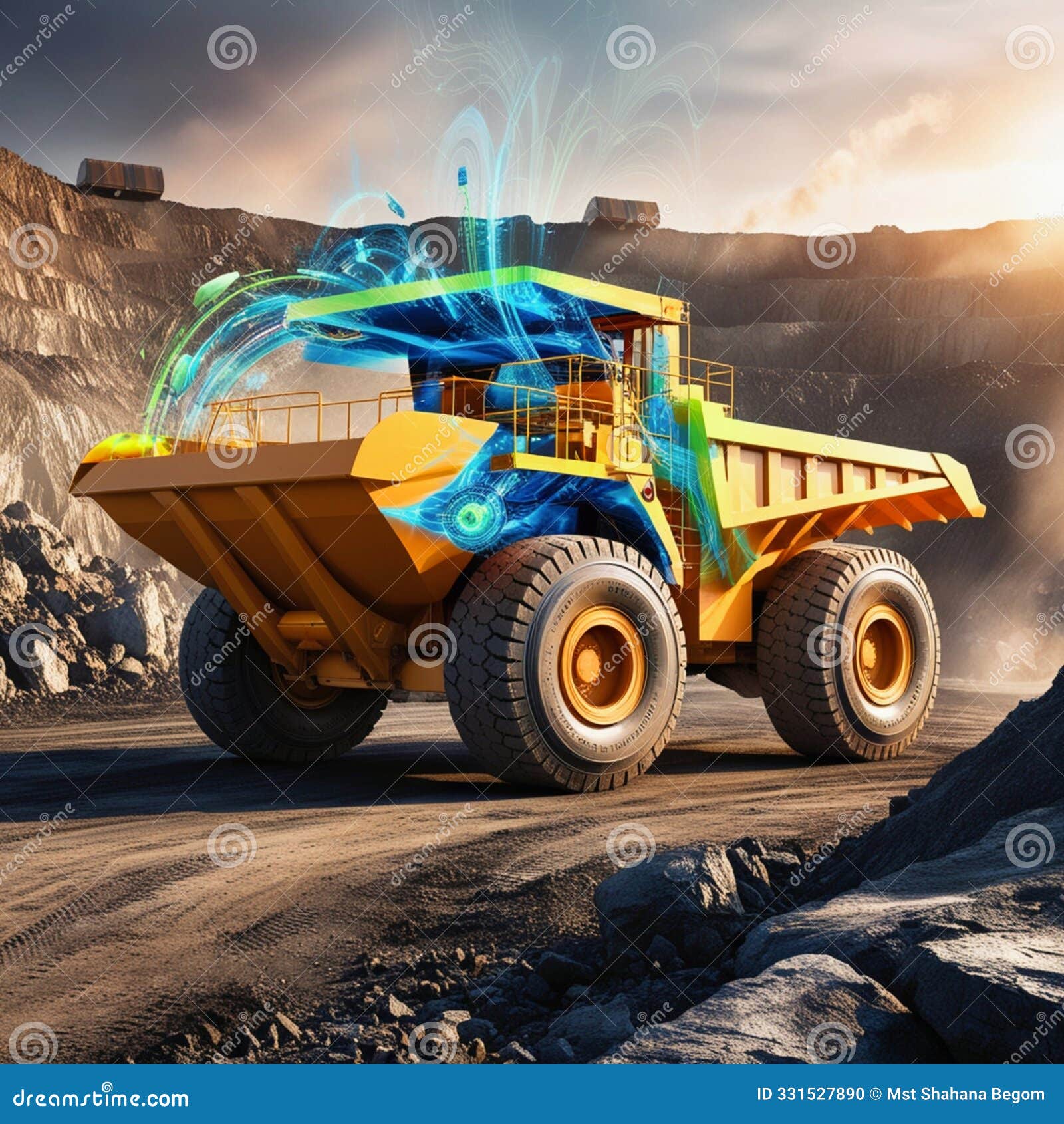 A Dump Truck is Working in a Mine, with a Digital Twin Overlay Showing ...