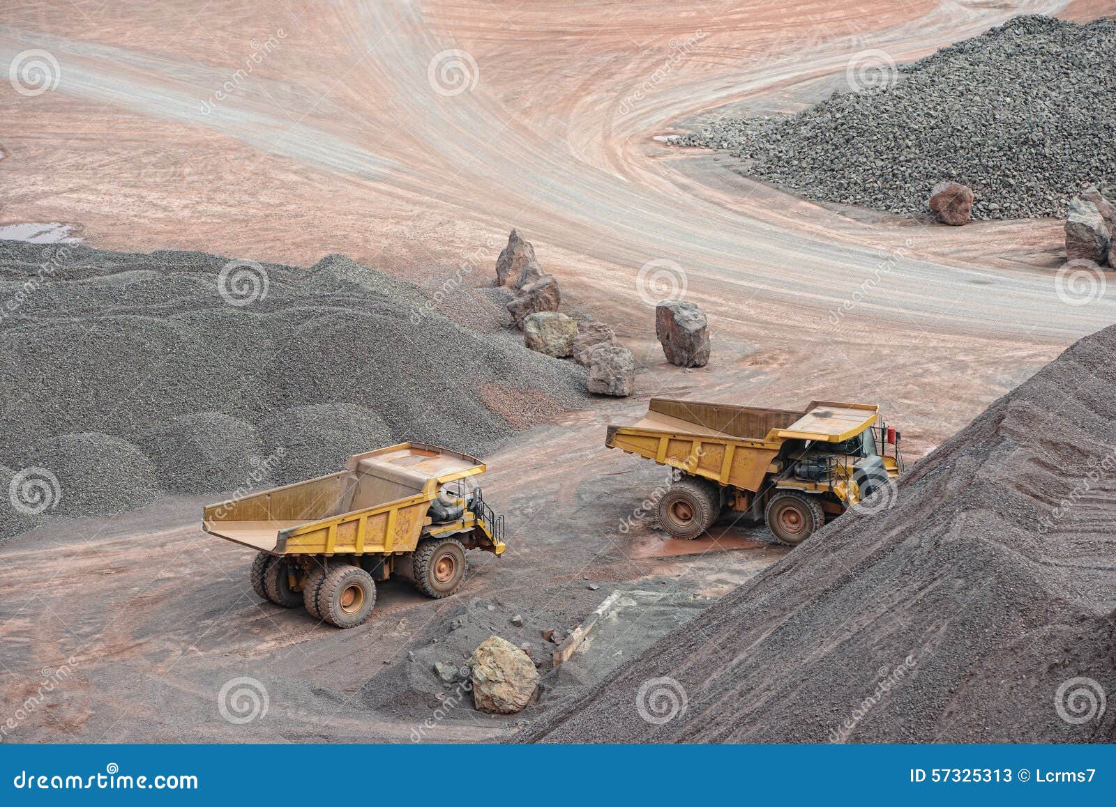 Dumper Trucks Being Loaded On Ore Mine, Works At Open Pit Mine Royalty ...