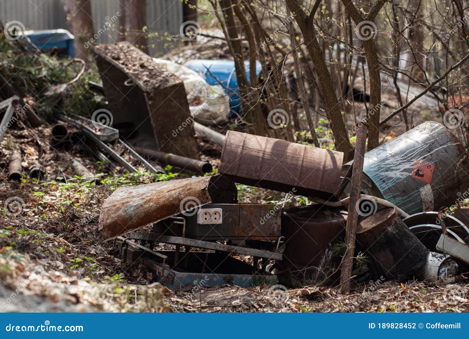 Dumping Rusty Dirty Waste in the Forest. Environmental Hazard Stock ...