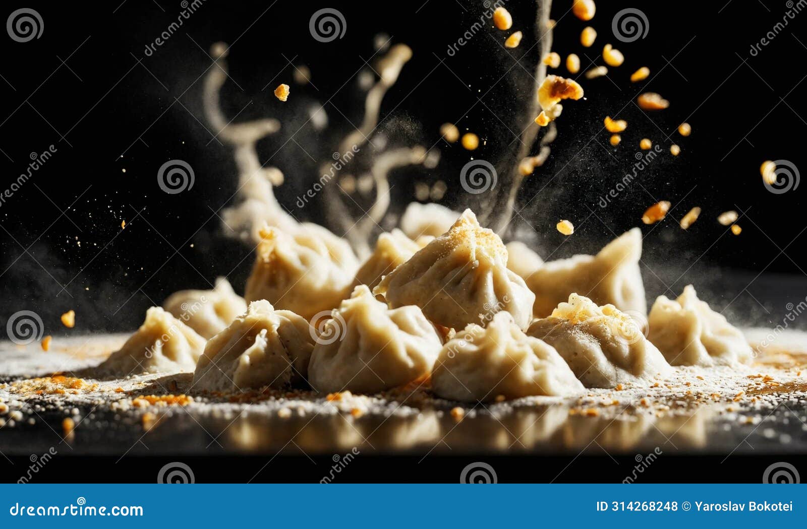 Dumplings Falling into Abstract Flour Splash Design Stock Illustration ...