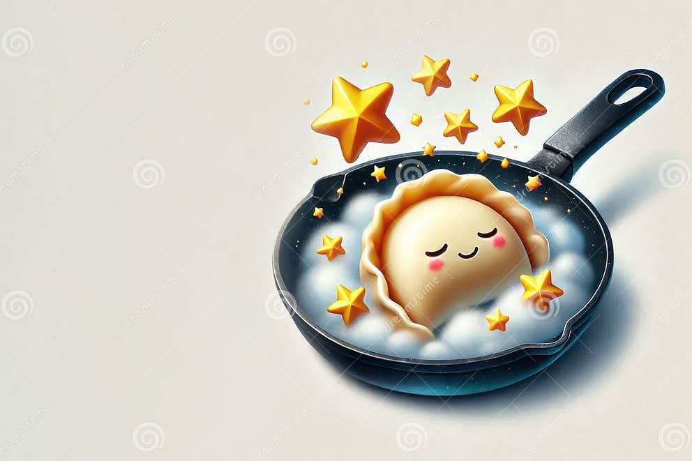 Dumplings Floating in the Clouds in a Frying Pan. Space for Text. Stock ...