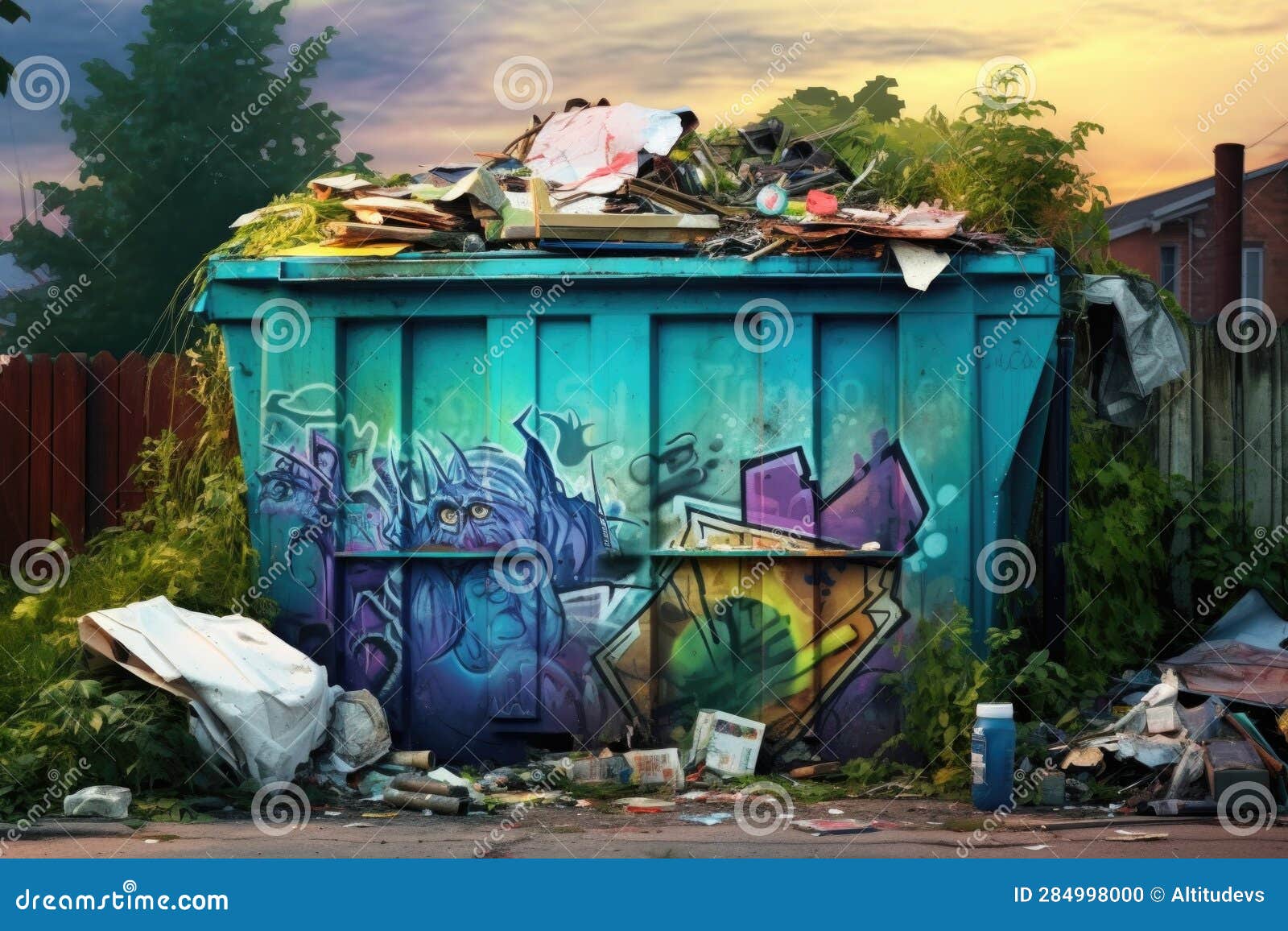 Dumpster with Overflowing Recyclables Stock Illustration - Illustration ...