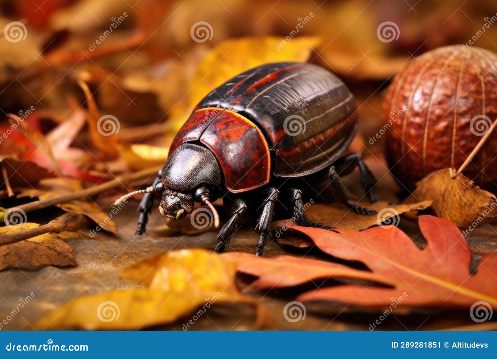Dung Beetle Rolling Ball beside Fallen Autumn Leaves Stock Image ...