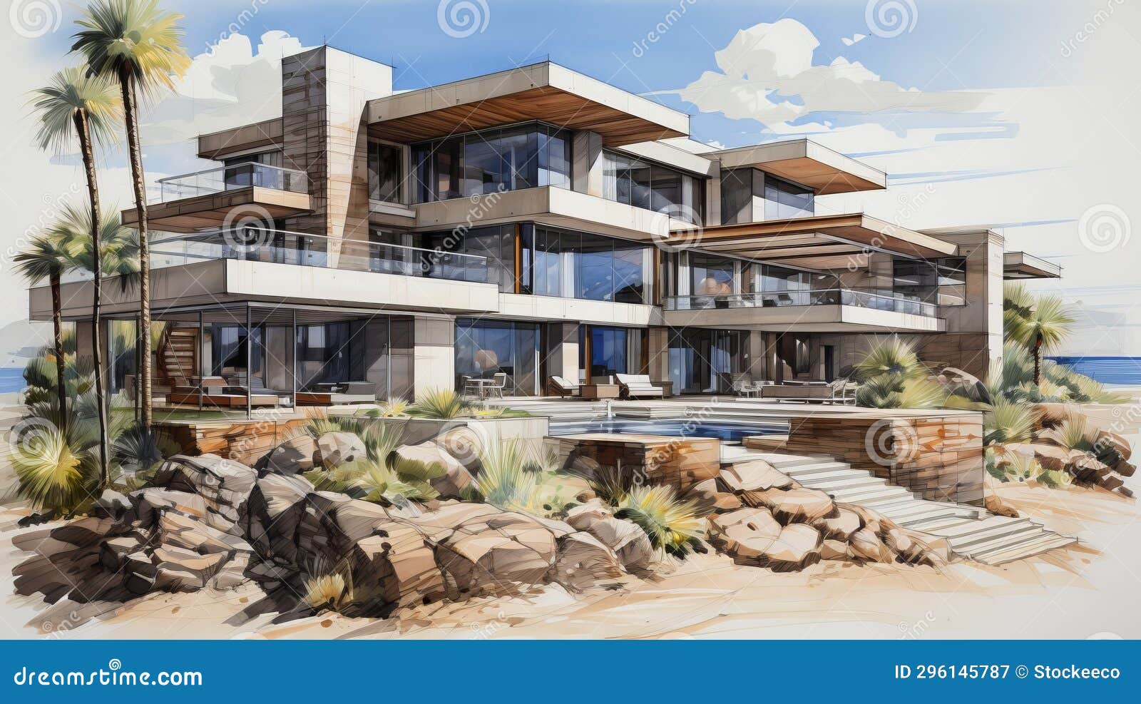 Modern House Art: Watercolor Sea View with Desertwave Style Stock ...