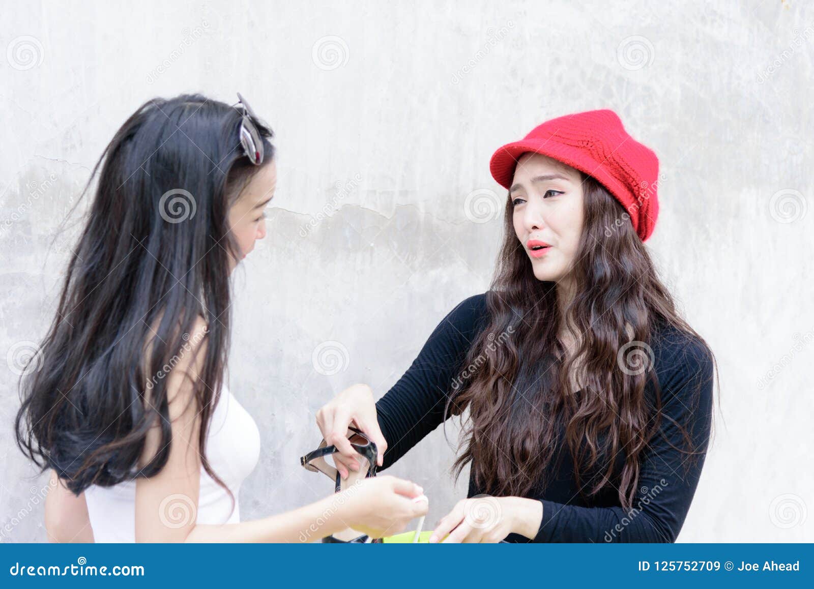 Duo Asian Portrait Girl Has Happy And Smiling With Shopping Colo Stock