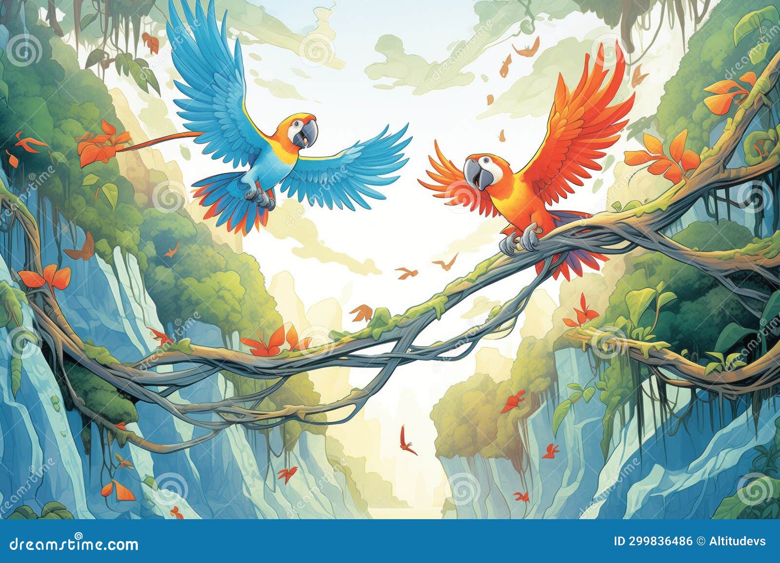 Duo of Macaws Swooping Down through Rainforest Canopy Stock Photo ...