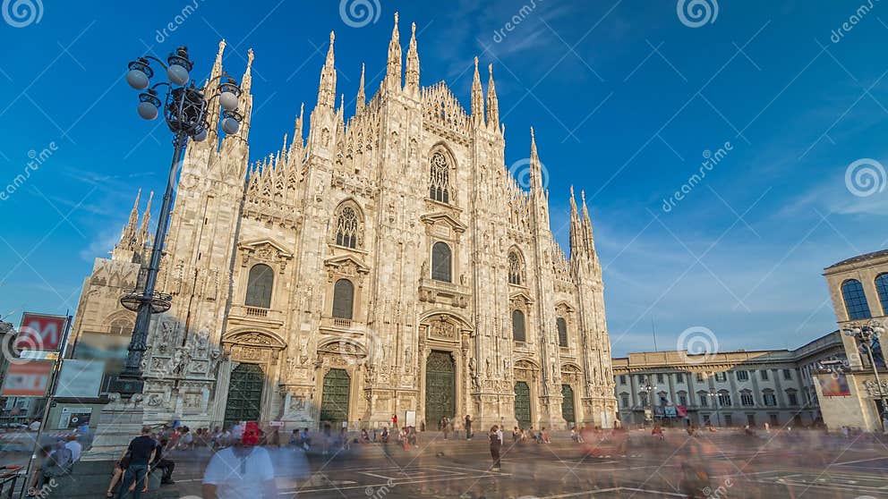The Duomo Cathedral Timelapse Hyperlapse at Sunset. Front View with ... The Duomo Cathedral Timelapse Hyperlapse at Sunset. Front View with ...
