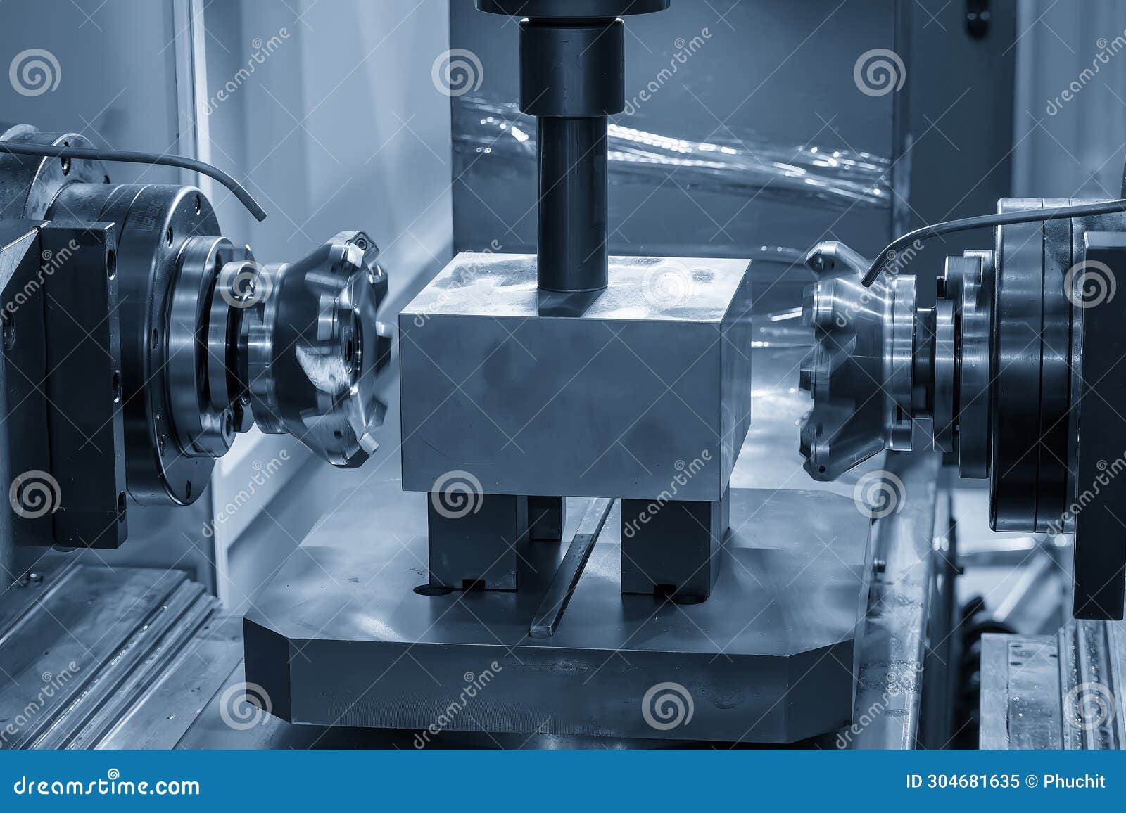 The Duplex CNC Milling Machine Cutting the Metal Parts in the Light ...