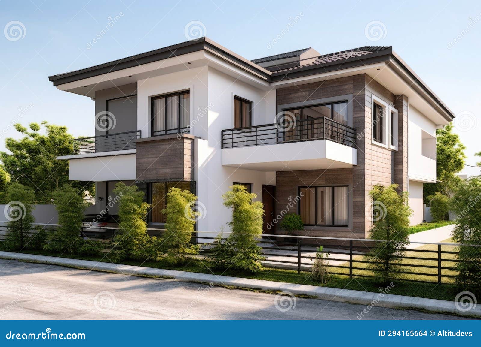 Duplex House with Neutral Colors and Compact Yard Stock Photo - Image ...