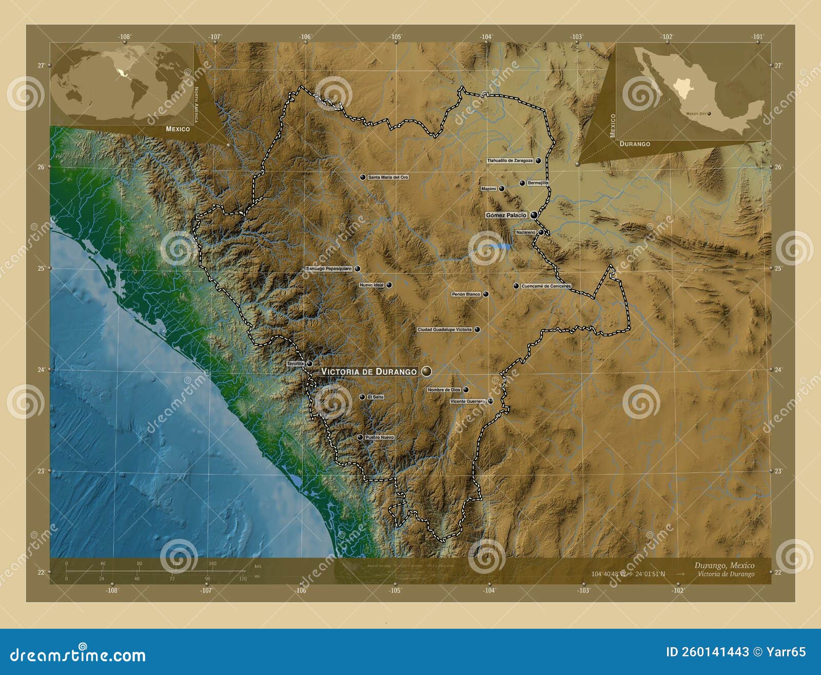 Durango, Mexico. Physical. Labelled Points of Cities Stock Illustration ...