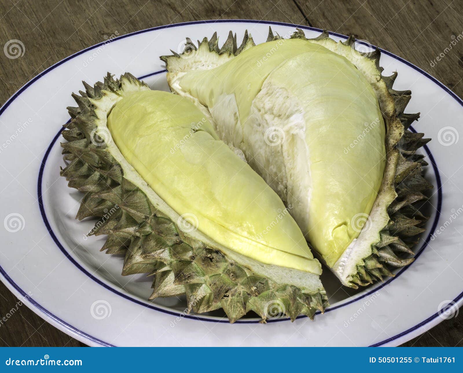 Durian on Dish and on Wooden Table, Thai Fruit Stock Image - Image of ...