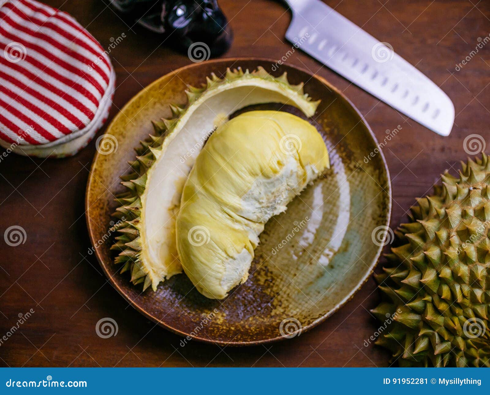 Durian King of Fruit Set on Table Stock Image - Image of wooden ...