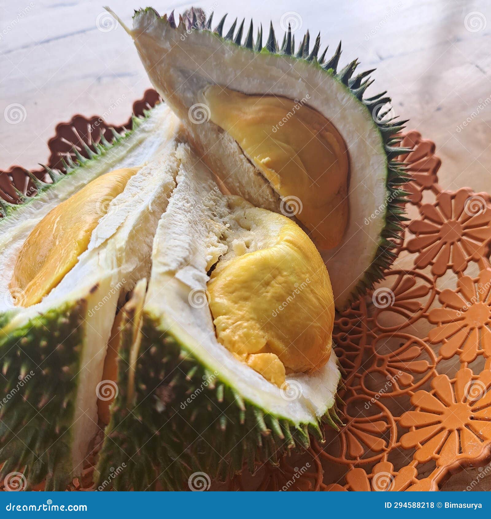 Durian on orange table stock photo. Image of table, tropical - 294588218