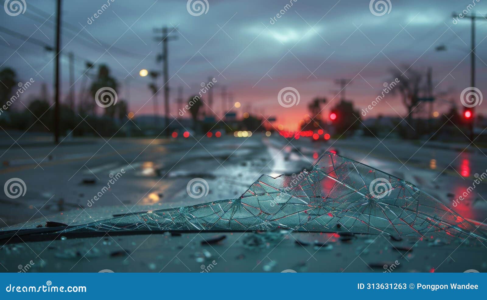 Dusk Car Crash Scene, Shattered Windshield, Empty Road Stock ...