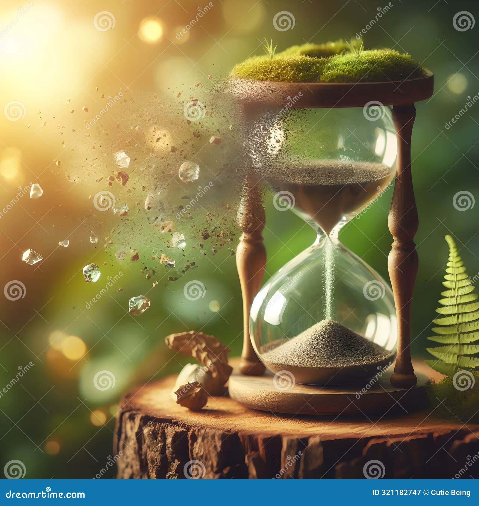 Dusk of Dimensions - an Hourglass on the Tree Stump with Sunlight and ...