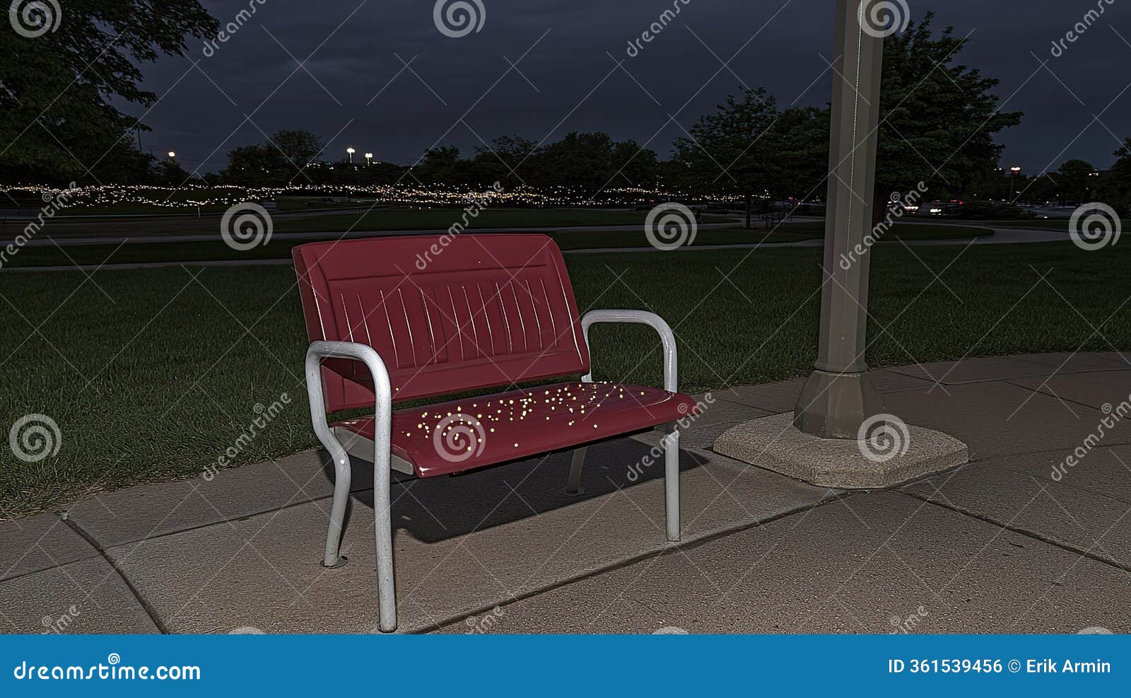 Dusk Park Bench, Fallen Leaves, City Lights, Solitude Stock Photo ...