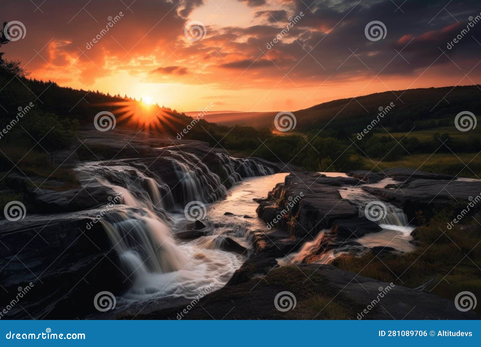Dusk Sky with Waterfalls and Cascades Illuminated by the Setting Sun ...