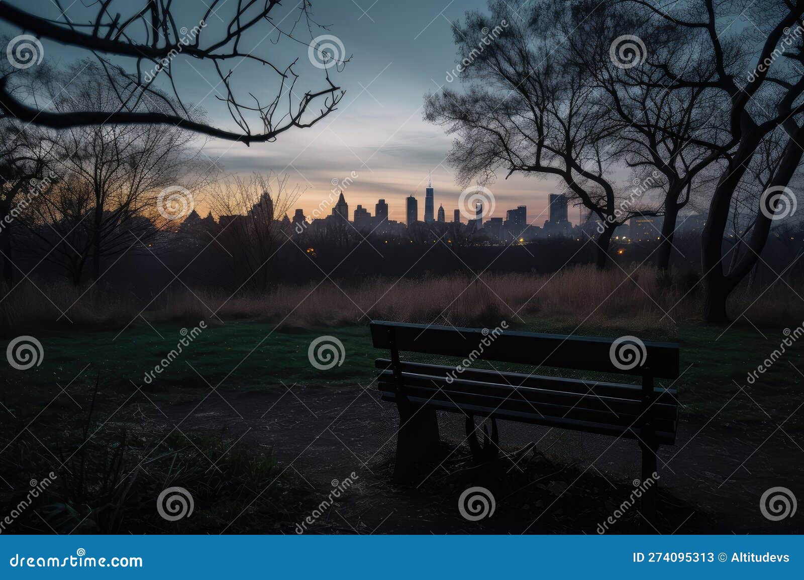 Dusk, with View of the City Skyline from Park Bench Stock Image - Image ...