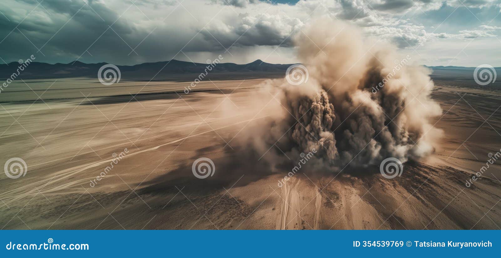 Dust Cloud Explosion in Arid Desert Landscape, Dramatic Sky, Mountains ...