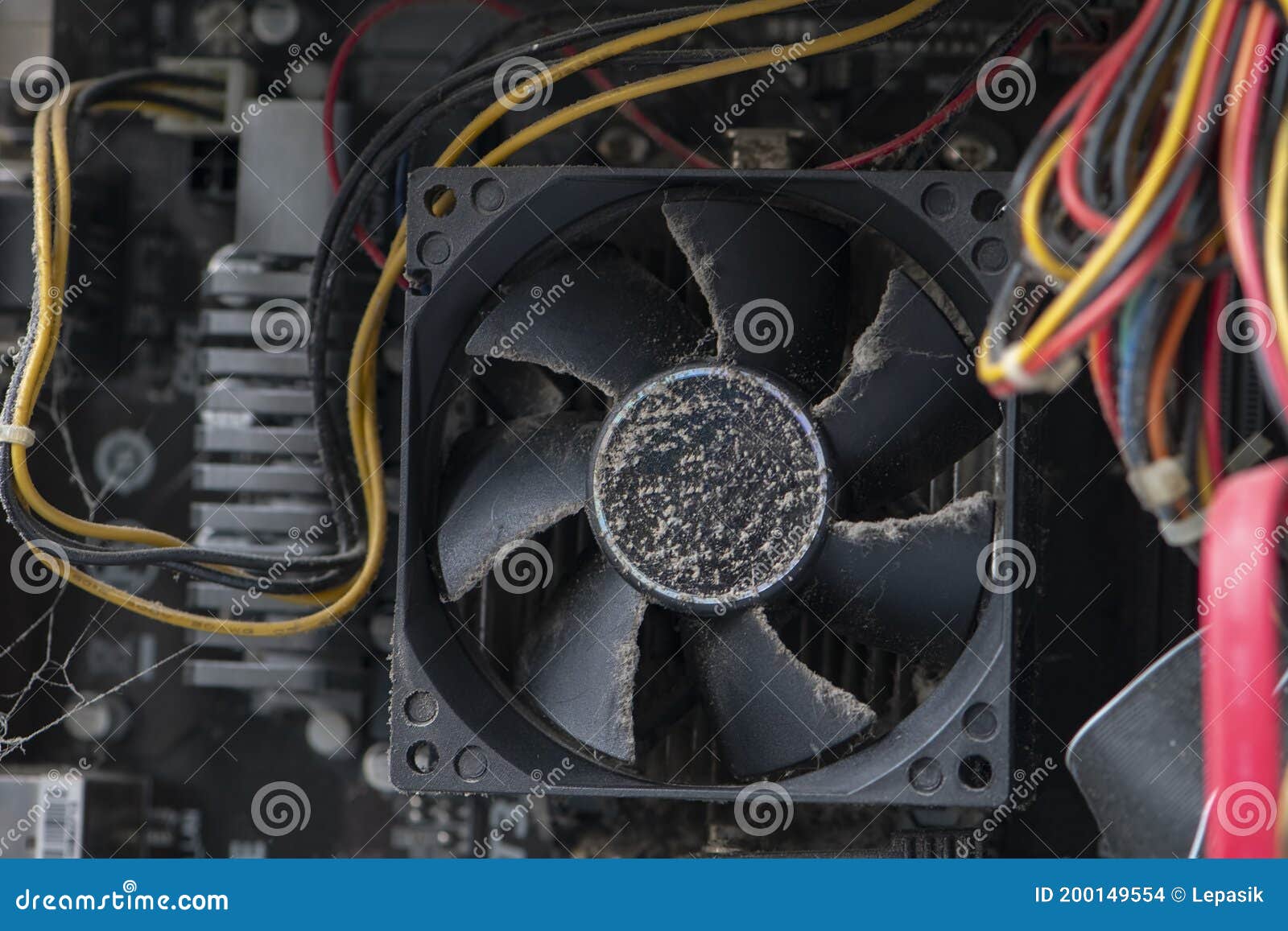 Dust and Dirt on the Computer`s Motherboard and Cooling Fan. Concept ...