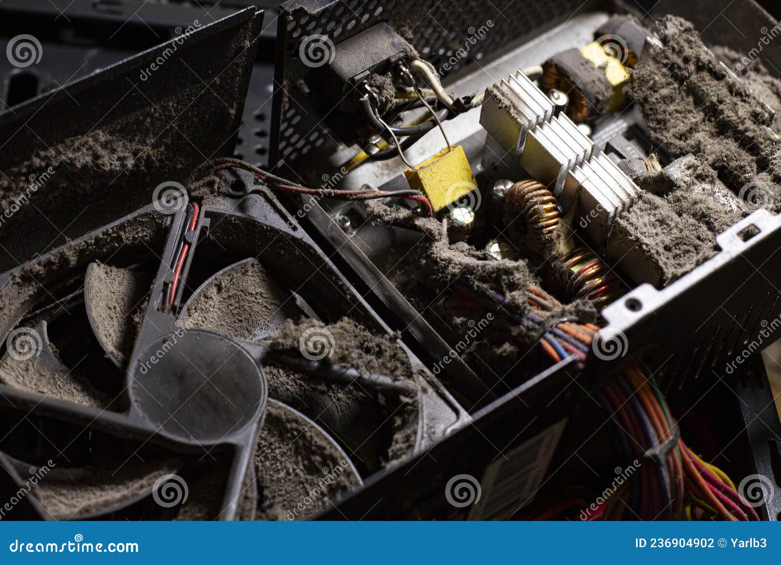 PC Components In Dust. CPU Fan Is Work. Dusty Power Wires Stock Photo ...