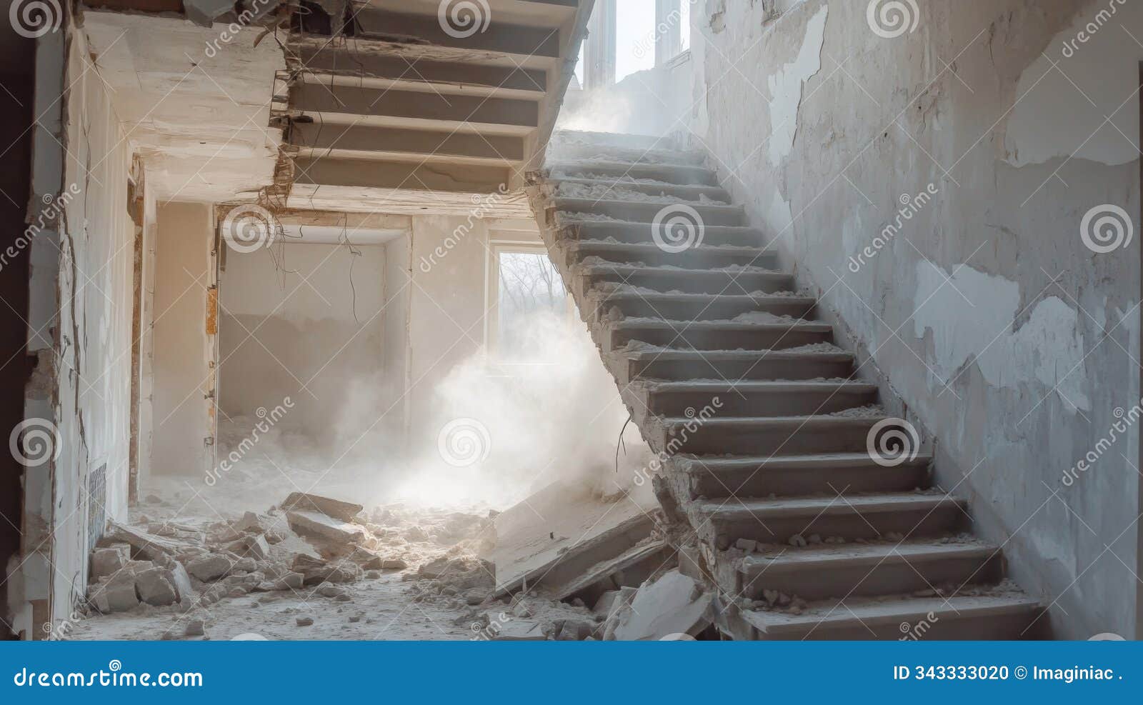 Dust-filled Interior with Damaged Staircase and Crumbling Walls Stock ...