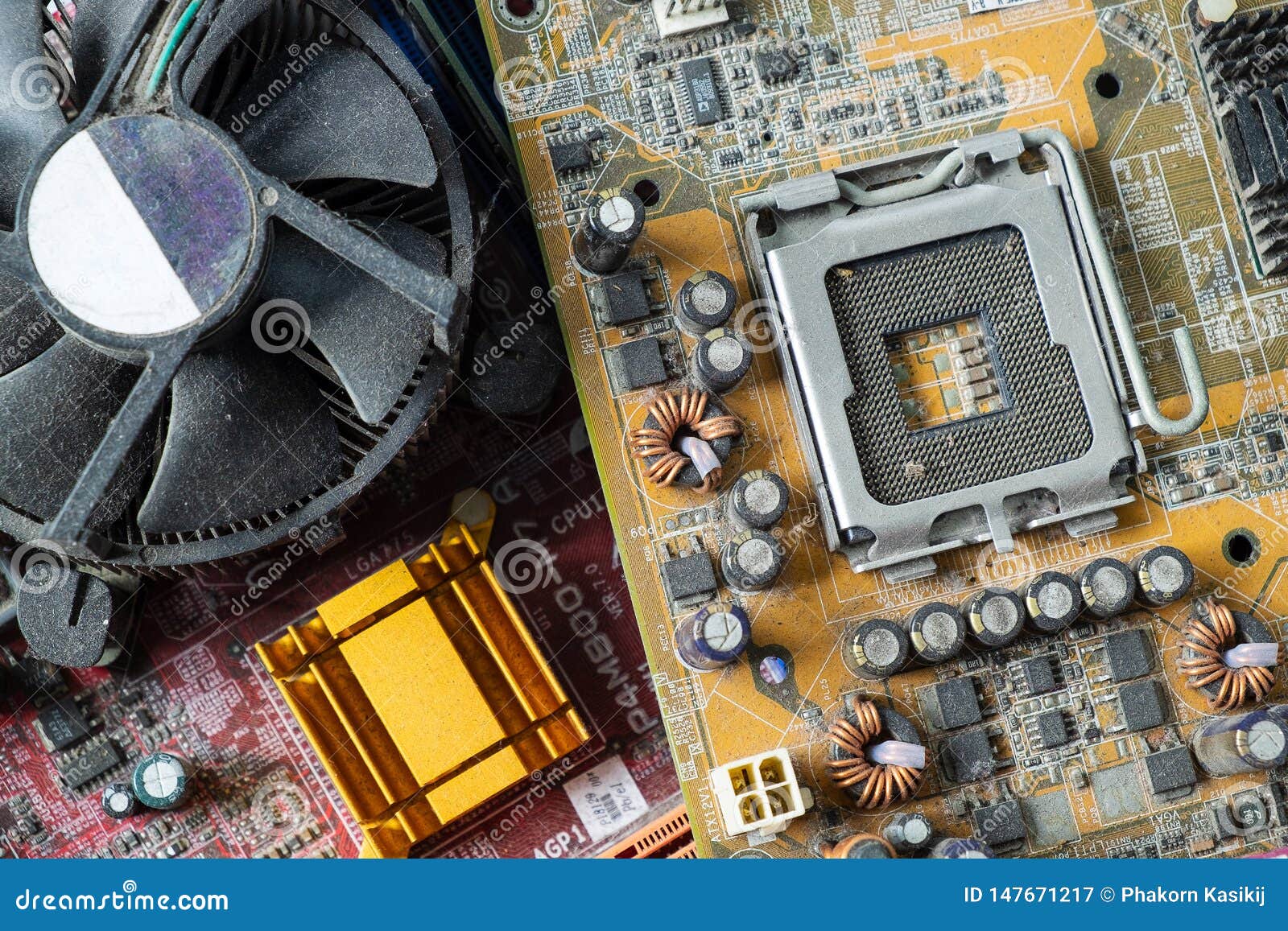 Dust on Mainboard Computer Processor and Fan Cooler. Dirty Desktop PC ...