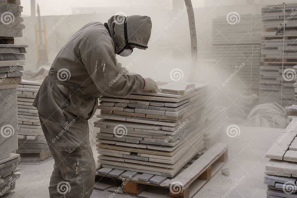 Dustcovered Worker Stacking Marble Tiles on Pallet Stock Illustration ...
