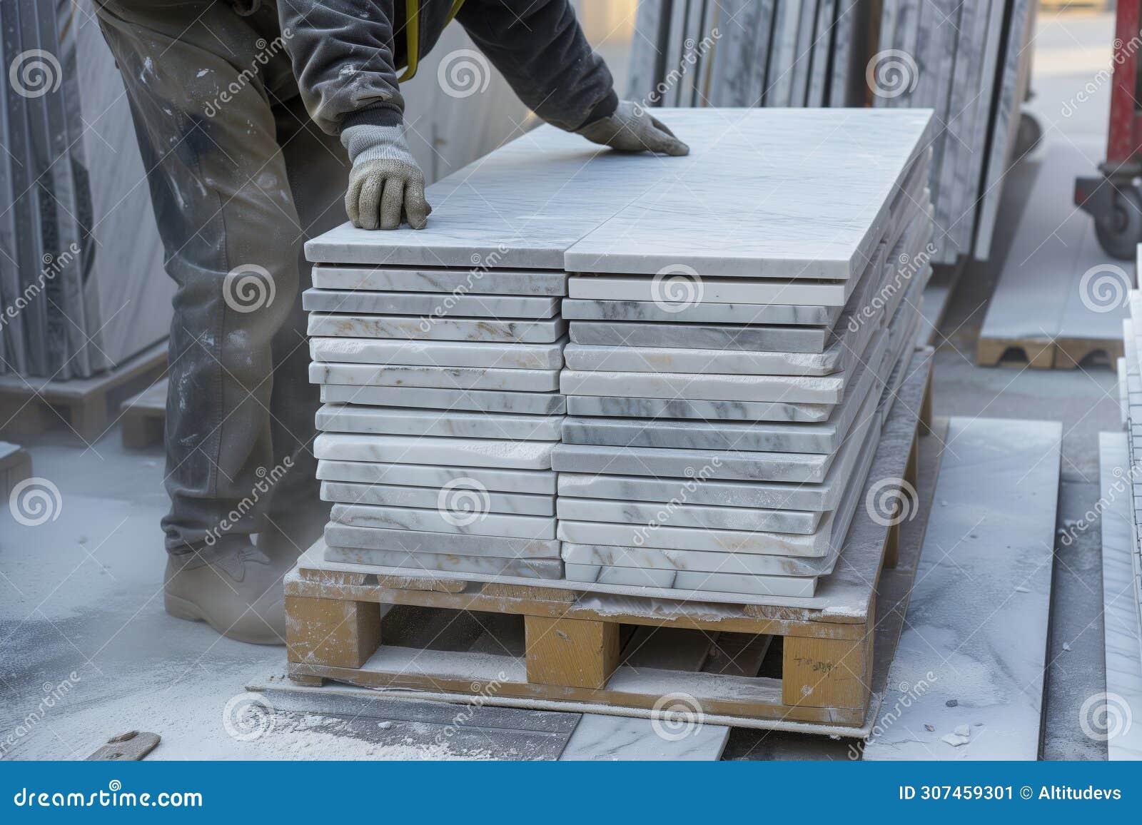 Dustcovered Worker Stacking Marble Tiles on Pallet Stock Image - Image ...