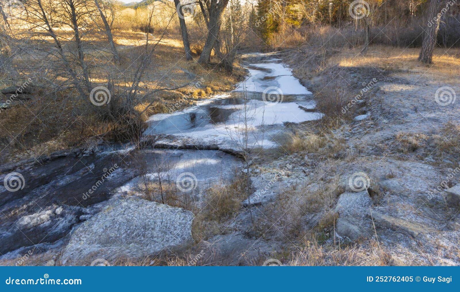 Dusting of Snow Next To a Stream with Ice Stock Image - Image of stream ...