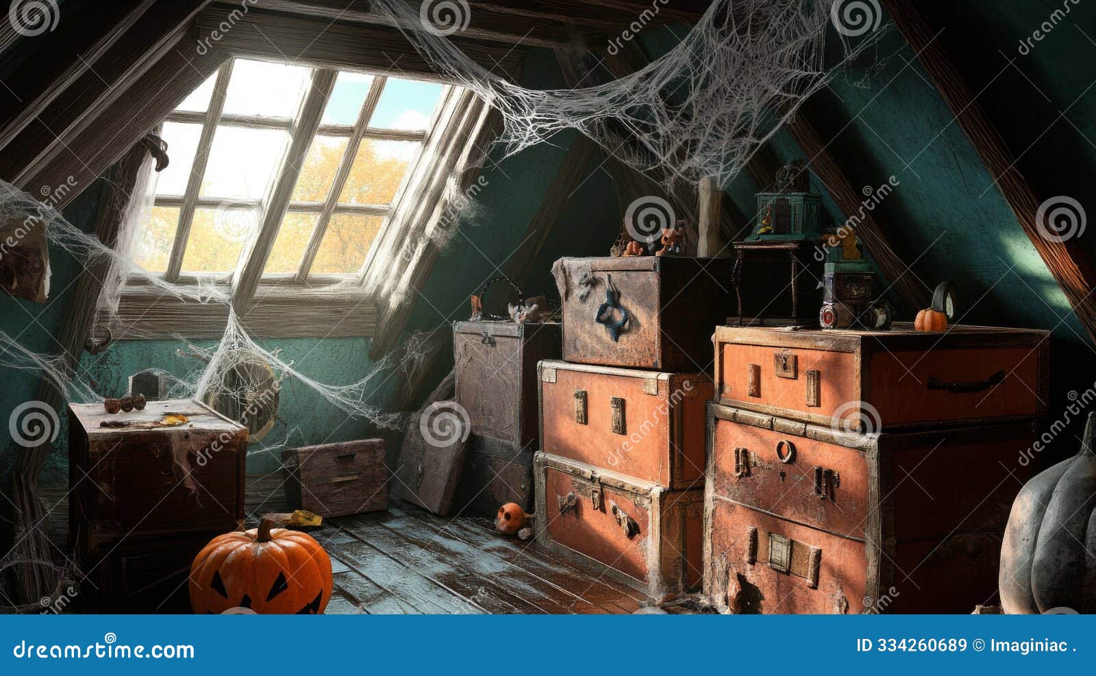 Dusty Attic with Chests, Cobwebs, and Pumpkins Stock Illustration ...