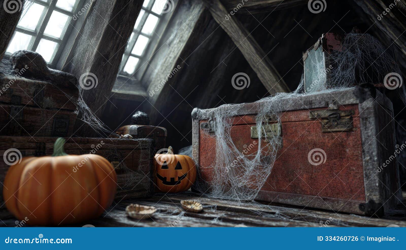 A Dusty Attic with Wooden Chests and Jack-O-Lanterns Stock Illustration ...