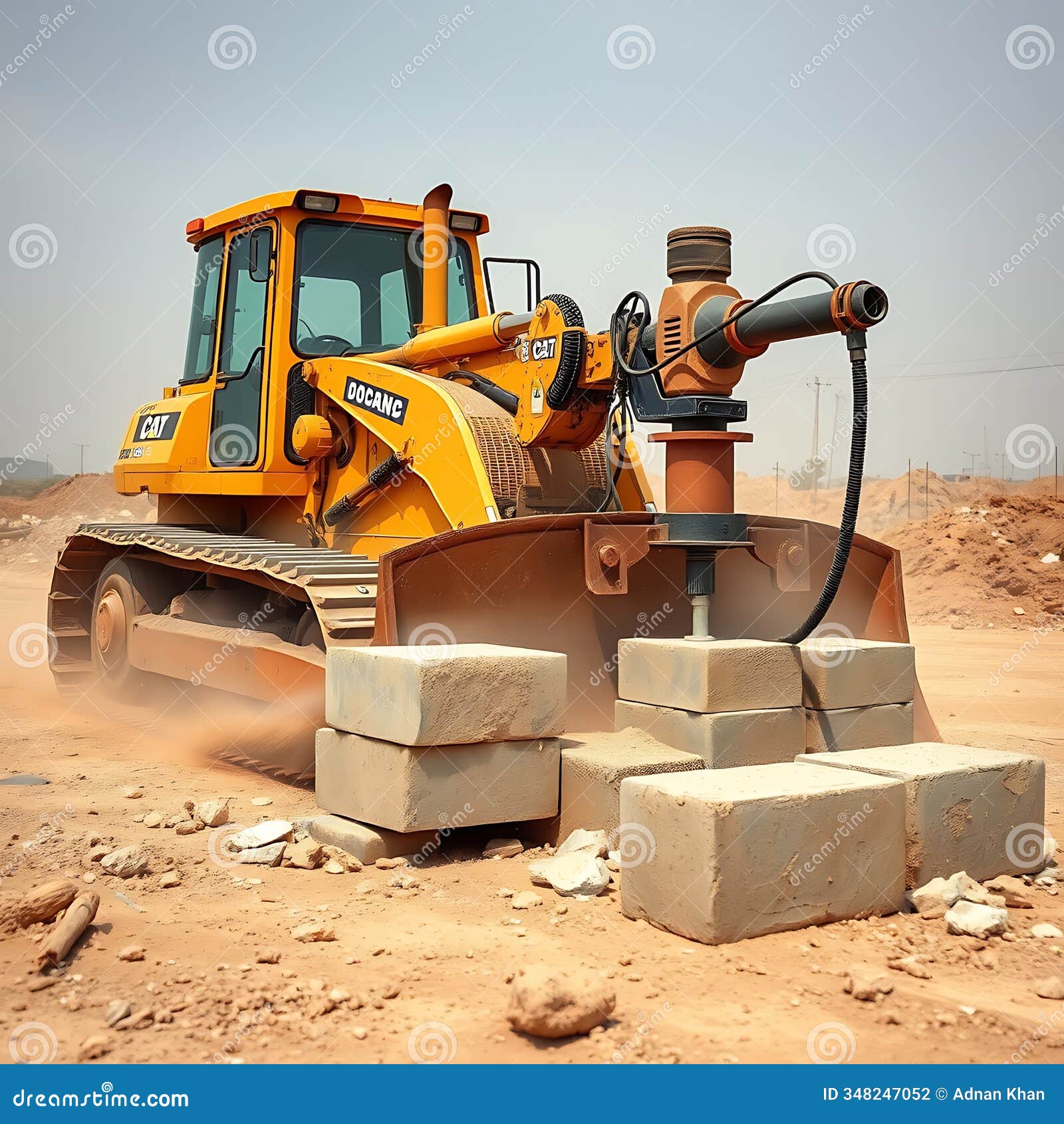 A Dusty Construction Site with a Bulldozer Using a Jackhammer ...