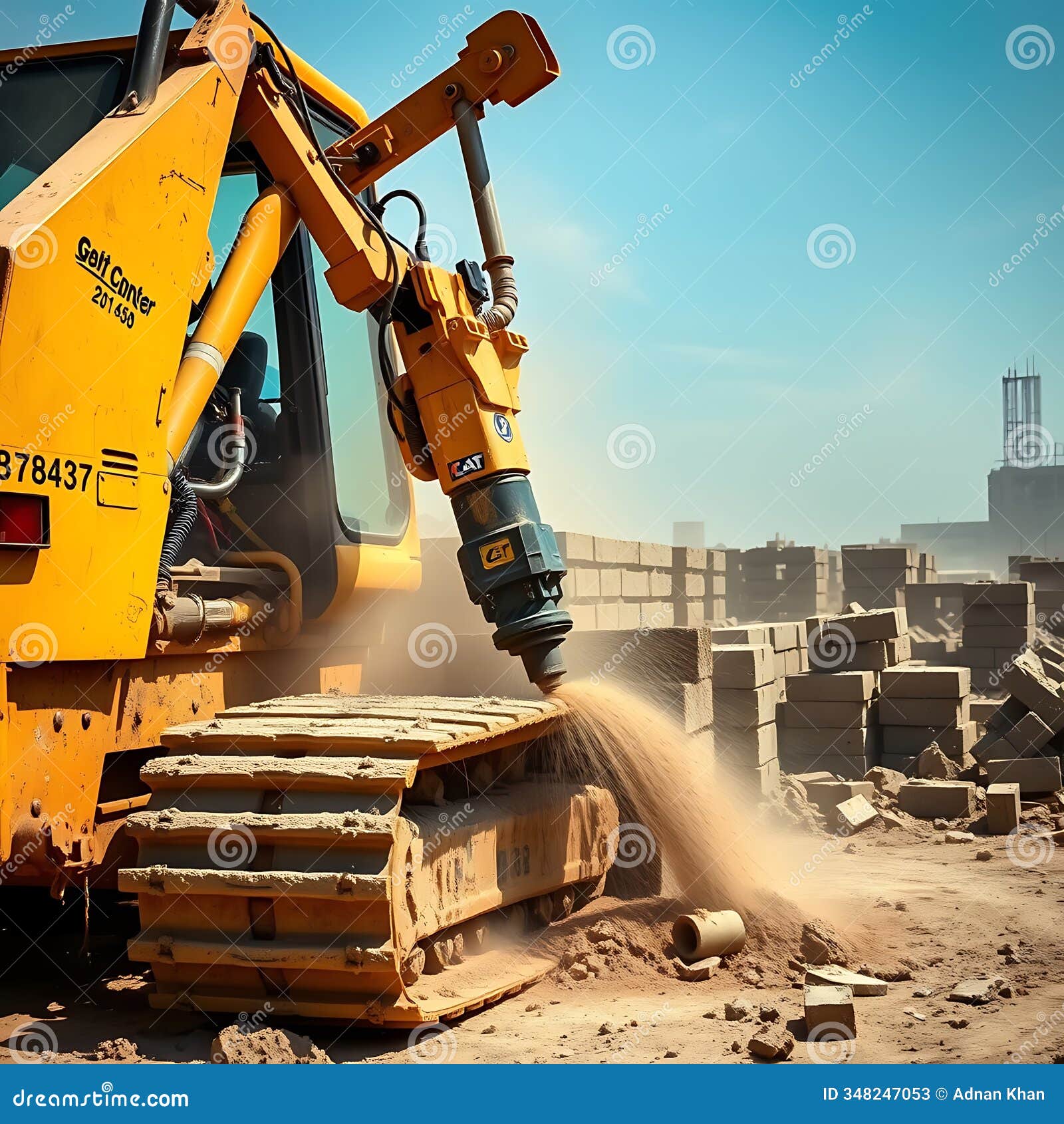 A Dusty Construction Site with a Bulldozer Using a Jackhammer ...